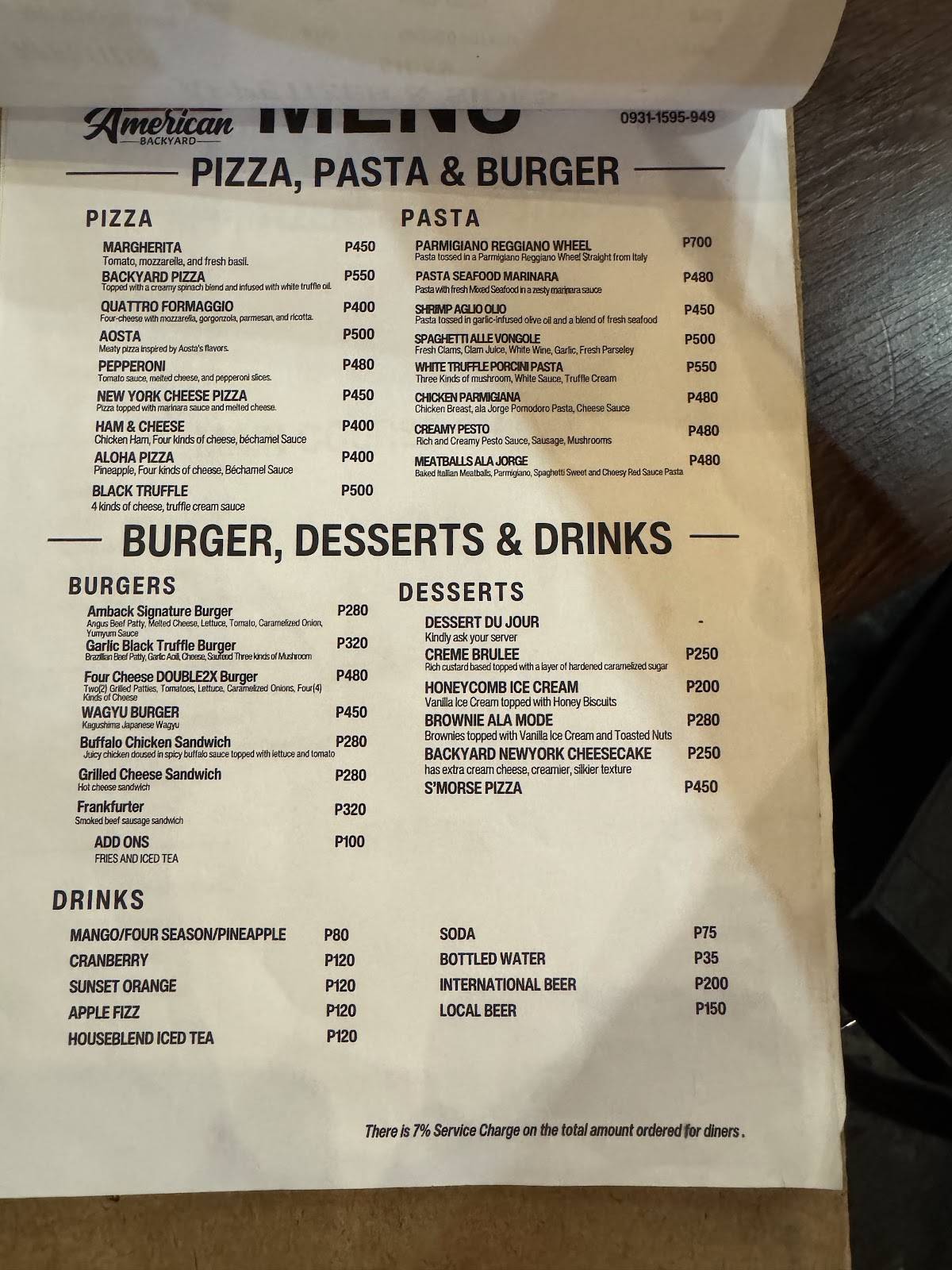 Menu at American Backyard restaurant, Davao City
