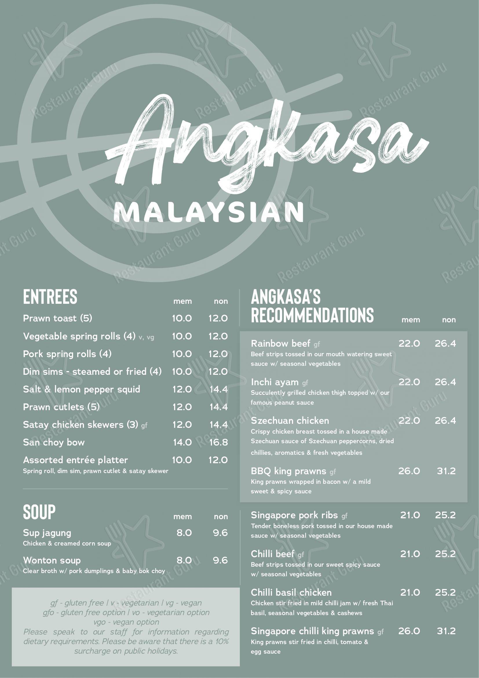 Menu at Angkasa Malaysian Restaurant, Buff Point