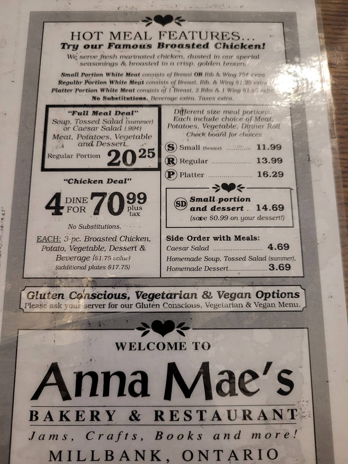 Menu at Anna Mae's Bakery & Restaurant, Millbank