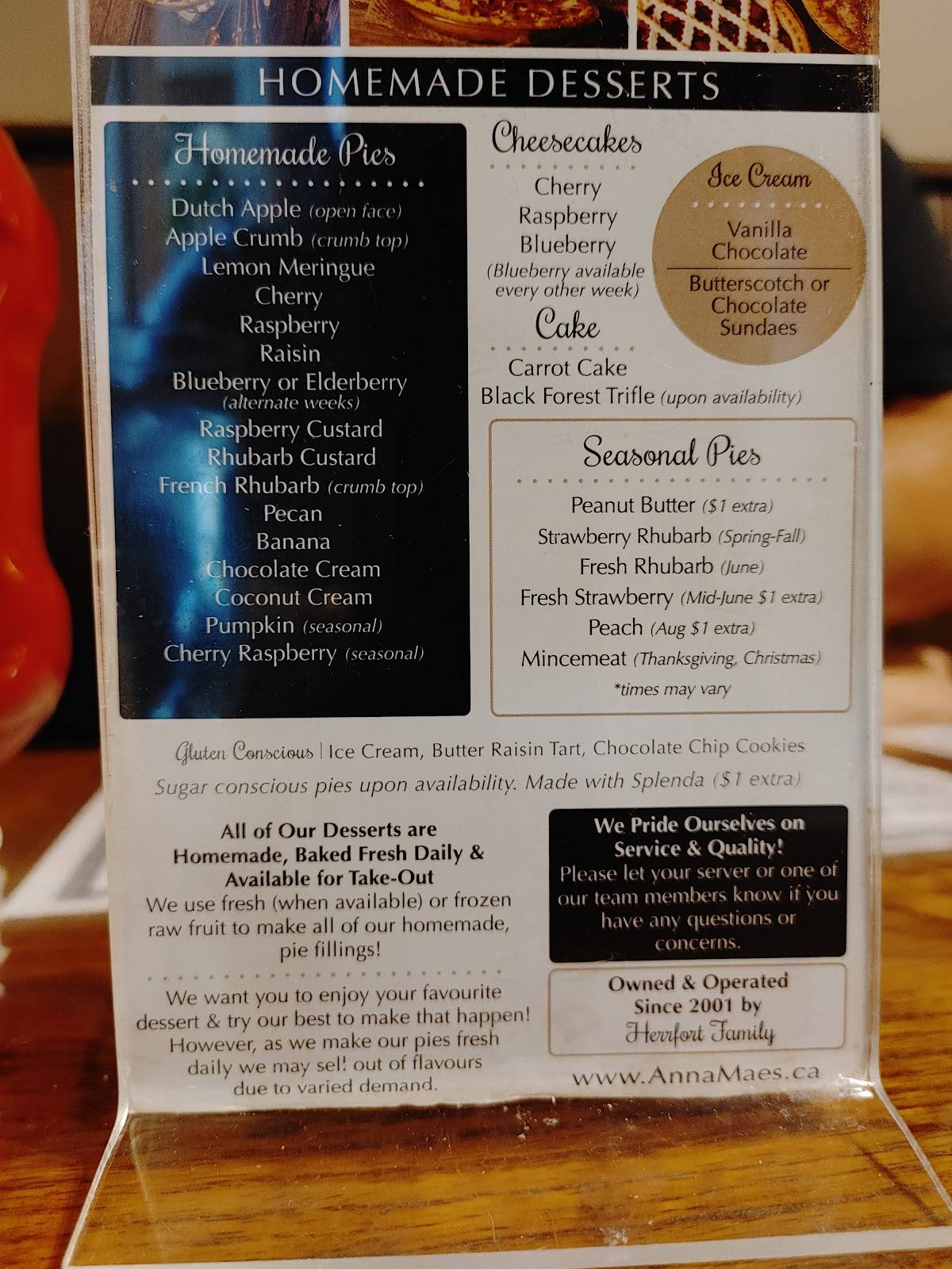 Menu at Anna Mae's Bakery & Restaurant, Millbank