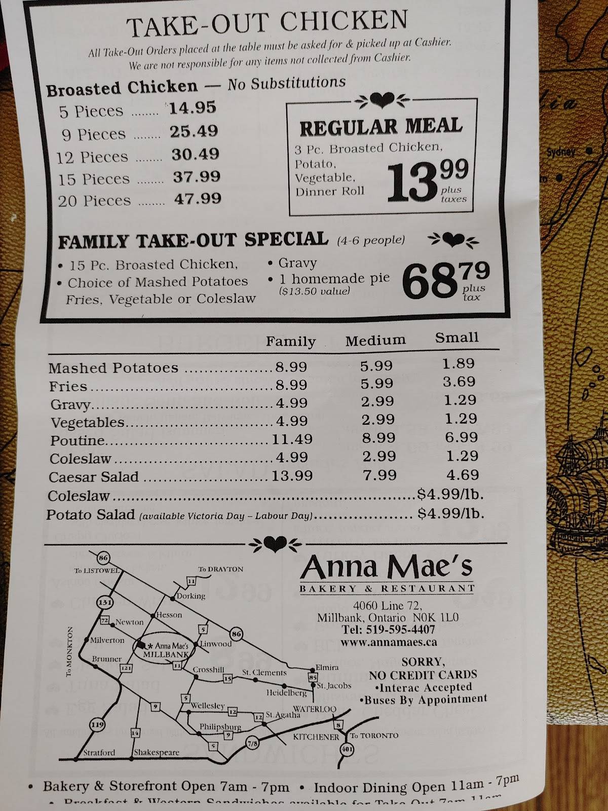 Menu at Anna Mae's Bakery & Restaurant, Millbank