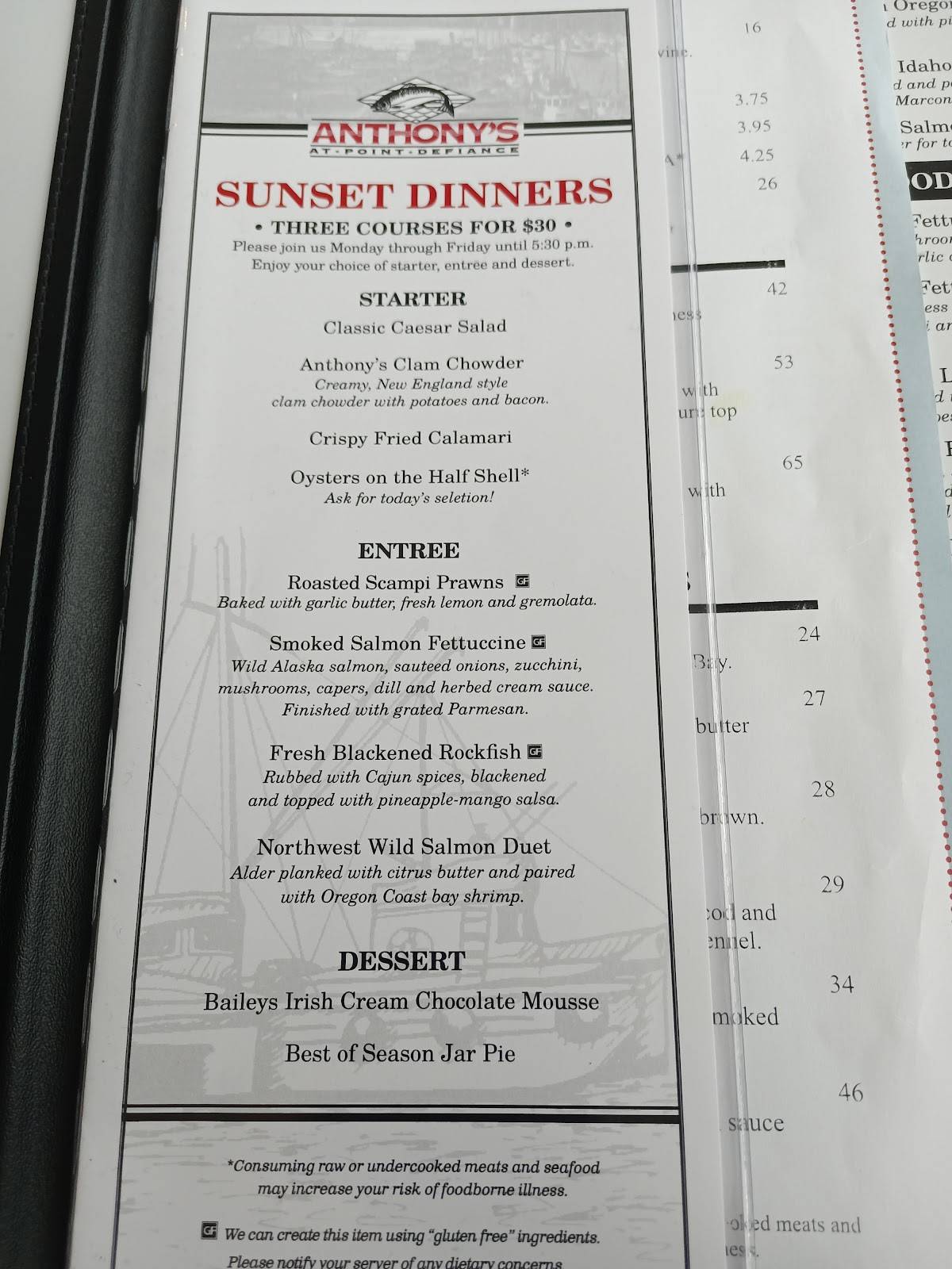 Menu at Anthony's At Point Defiance restaurant, Tacoma