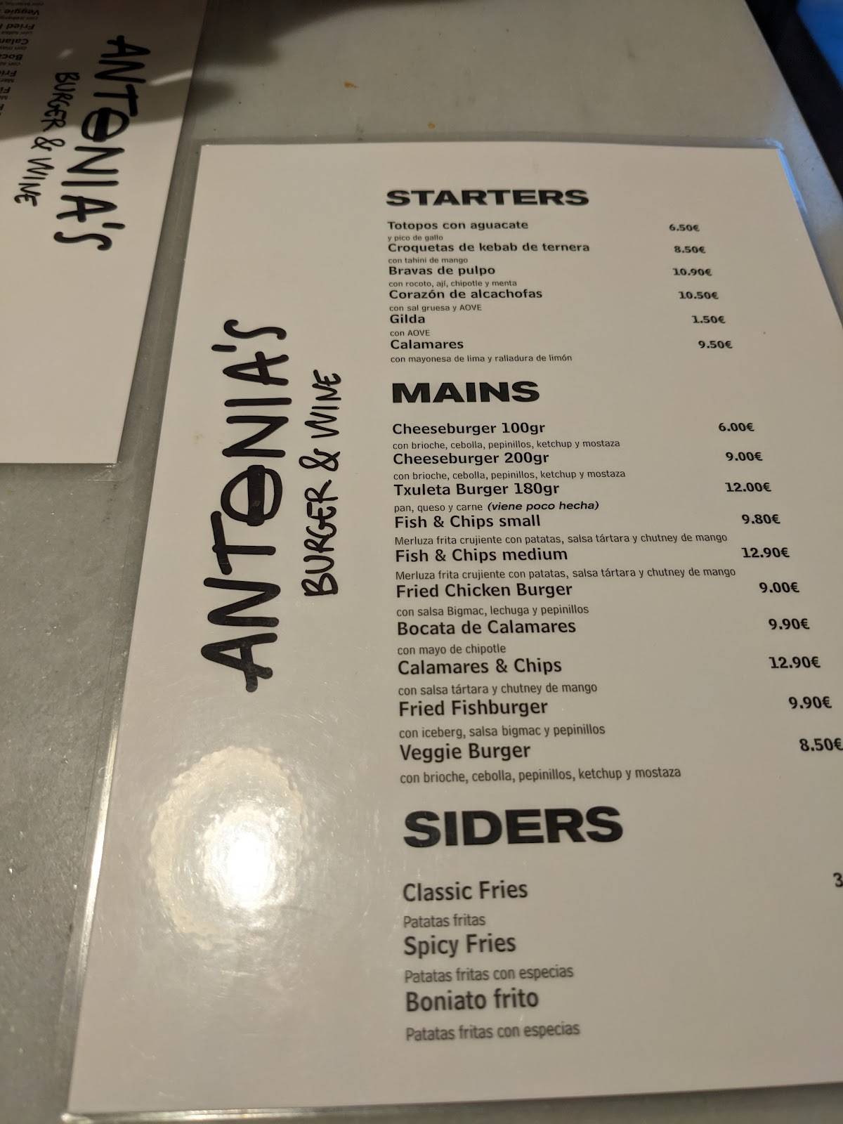 Carta del restaurante Antonia´s Burger, Madrid