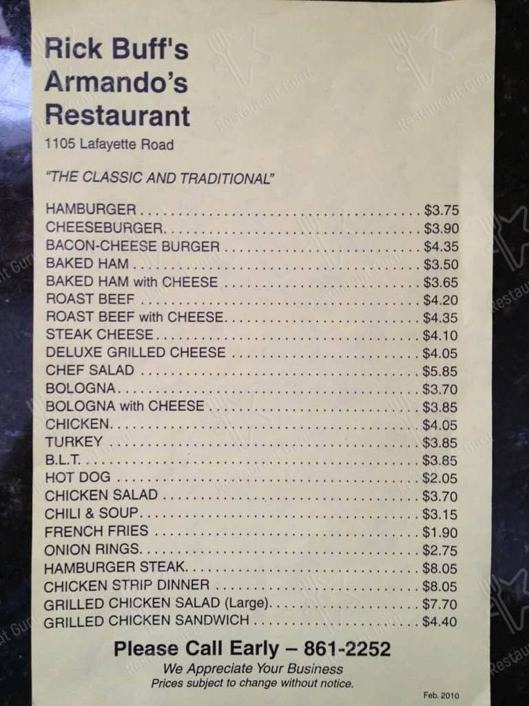 Menu at Armando's Restaurant, Rossville