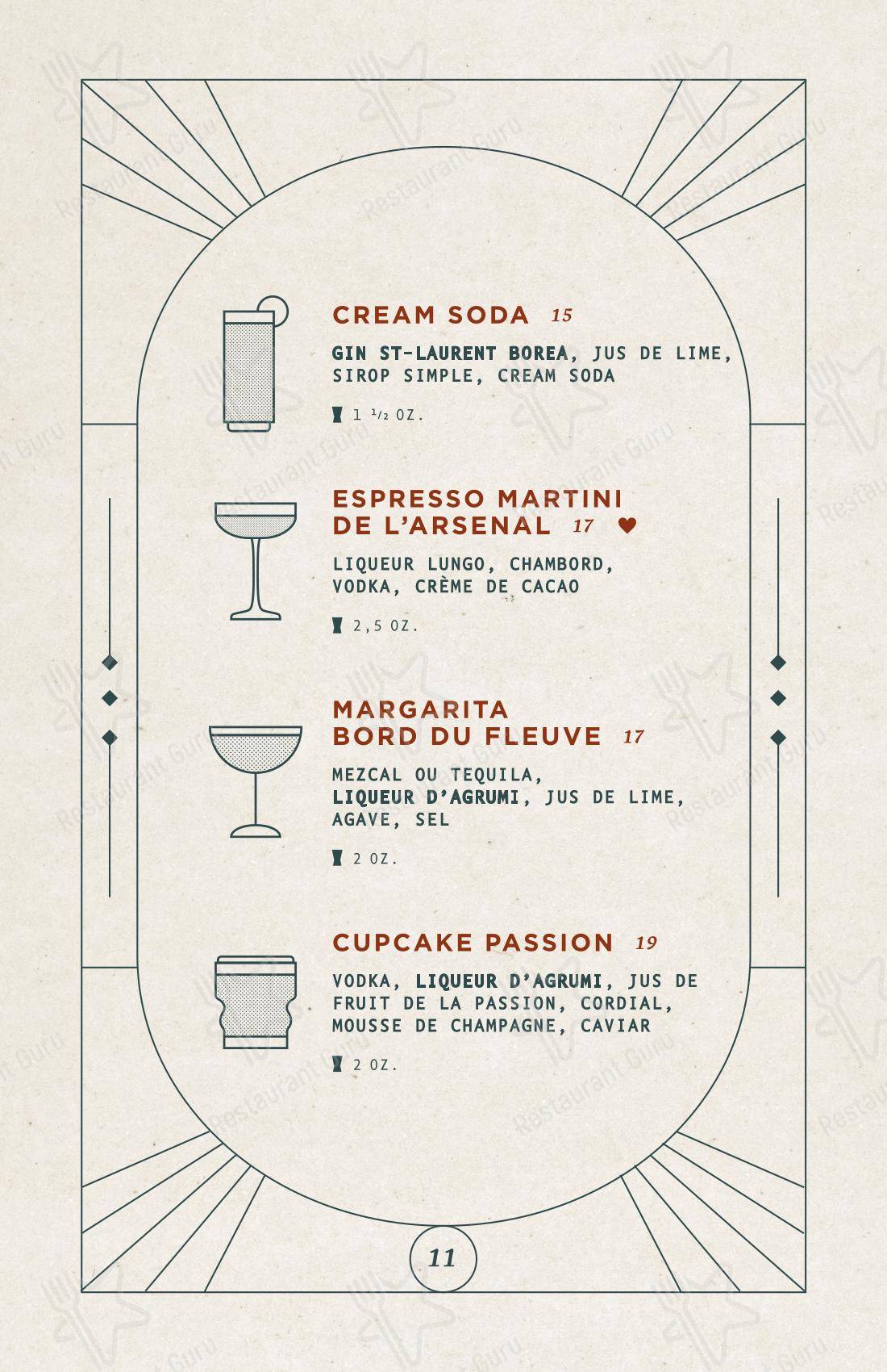 Menu au Restaurant Arsenal & Co., Québec