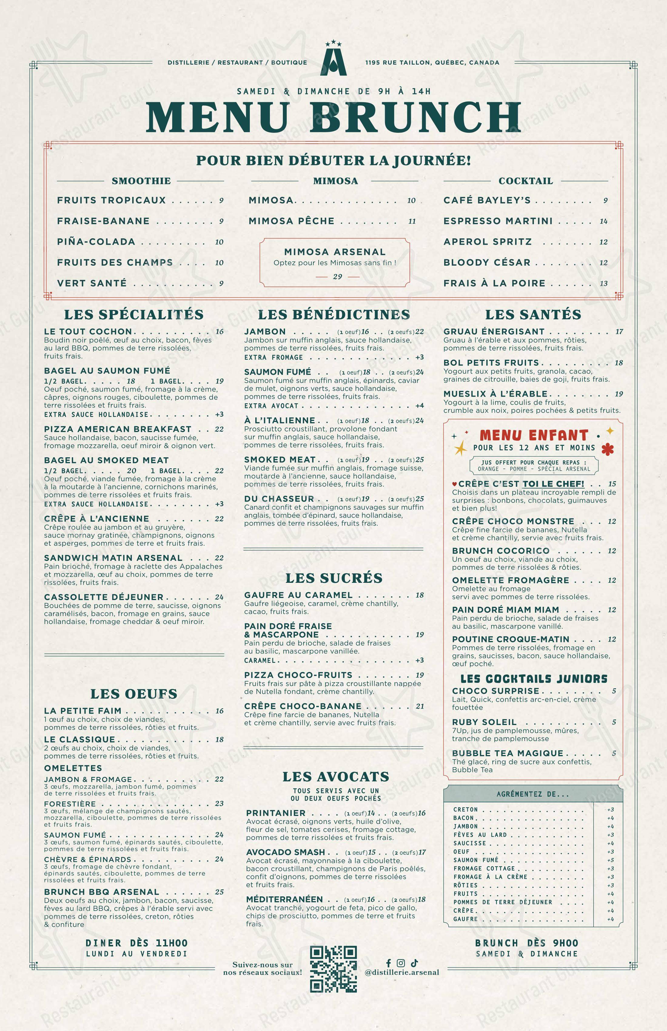 Menu au Restaurant Arsenal & Co., Québec