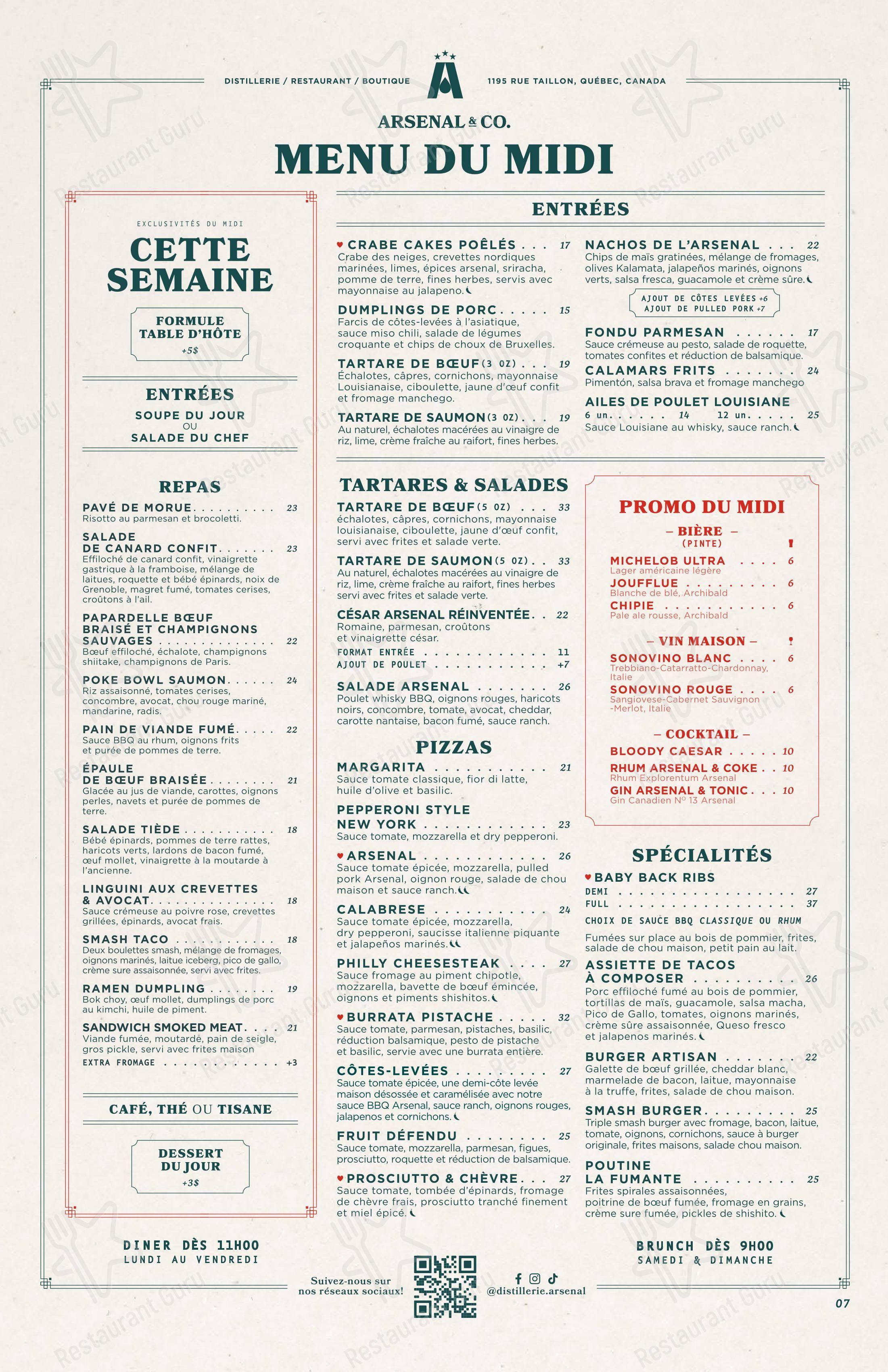 Menu au Restaurant Arsenal & Co., Québec