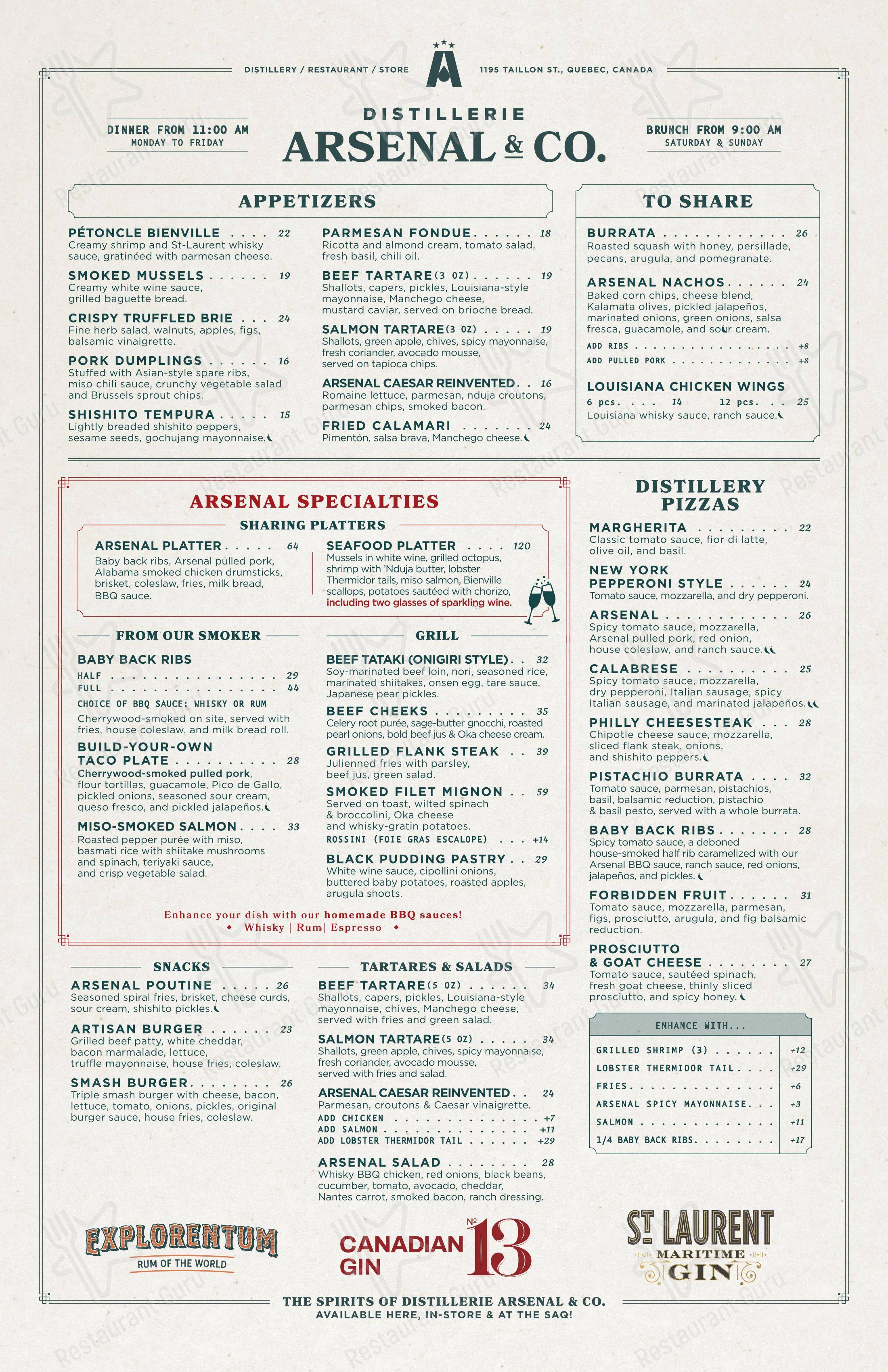 Menu au Restaurant Arsenal & Co., Québec