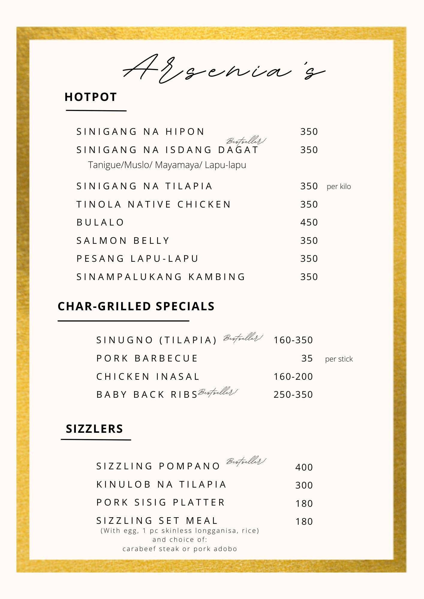 Menu at Arsenia's Hapagkainan Sa Kabukiran restaurant, Calapan