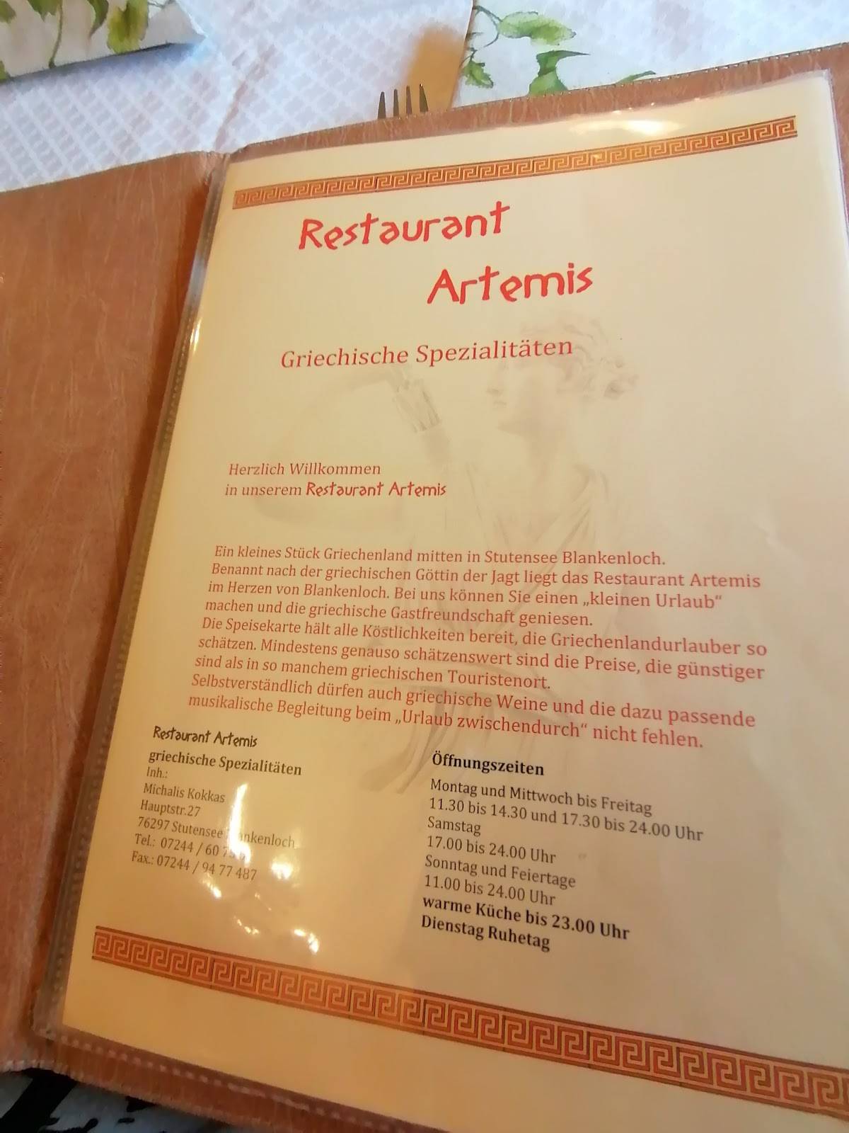 Speisekarte von Restaurant Artemis, Stutensee