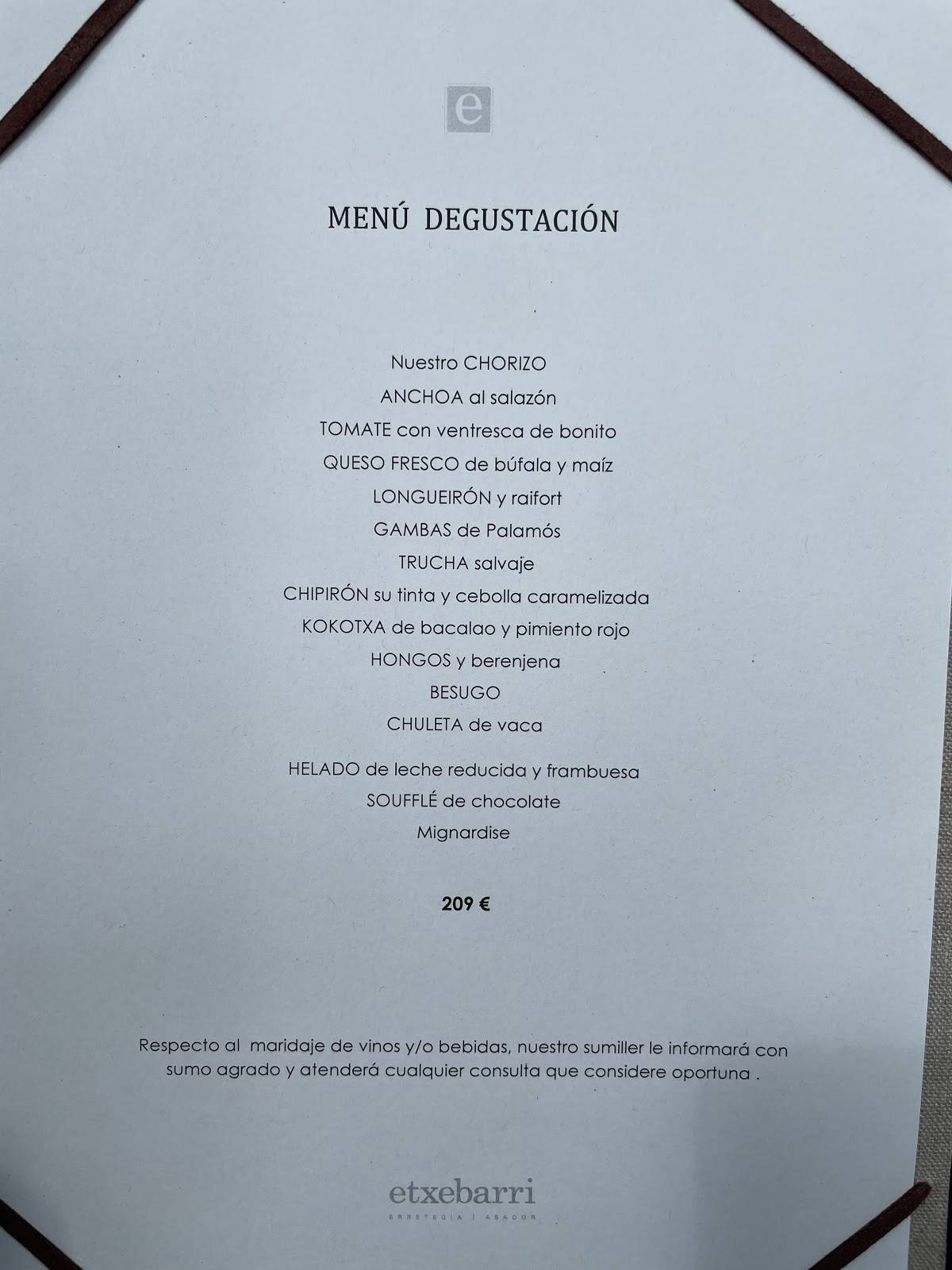 Menu at Asador Etxebarri, Axpe