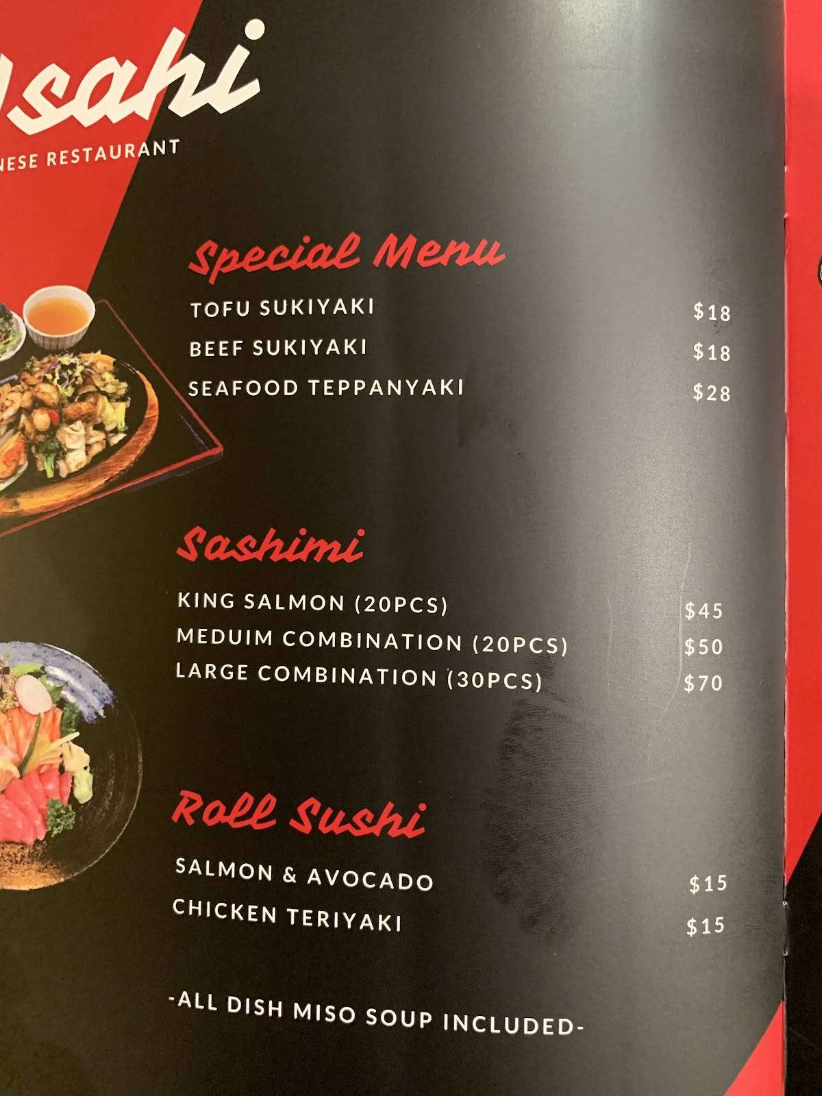 Menu at Asahi Japanese Restaurant, Orewa, 6 Bakehouse Ln