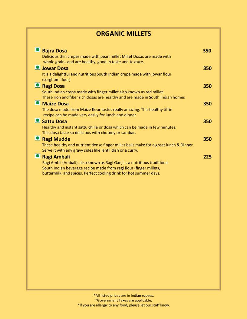 Menu at Aureate Flavour of India, India