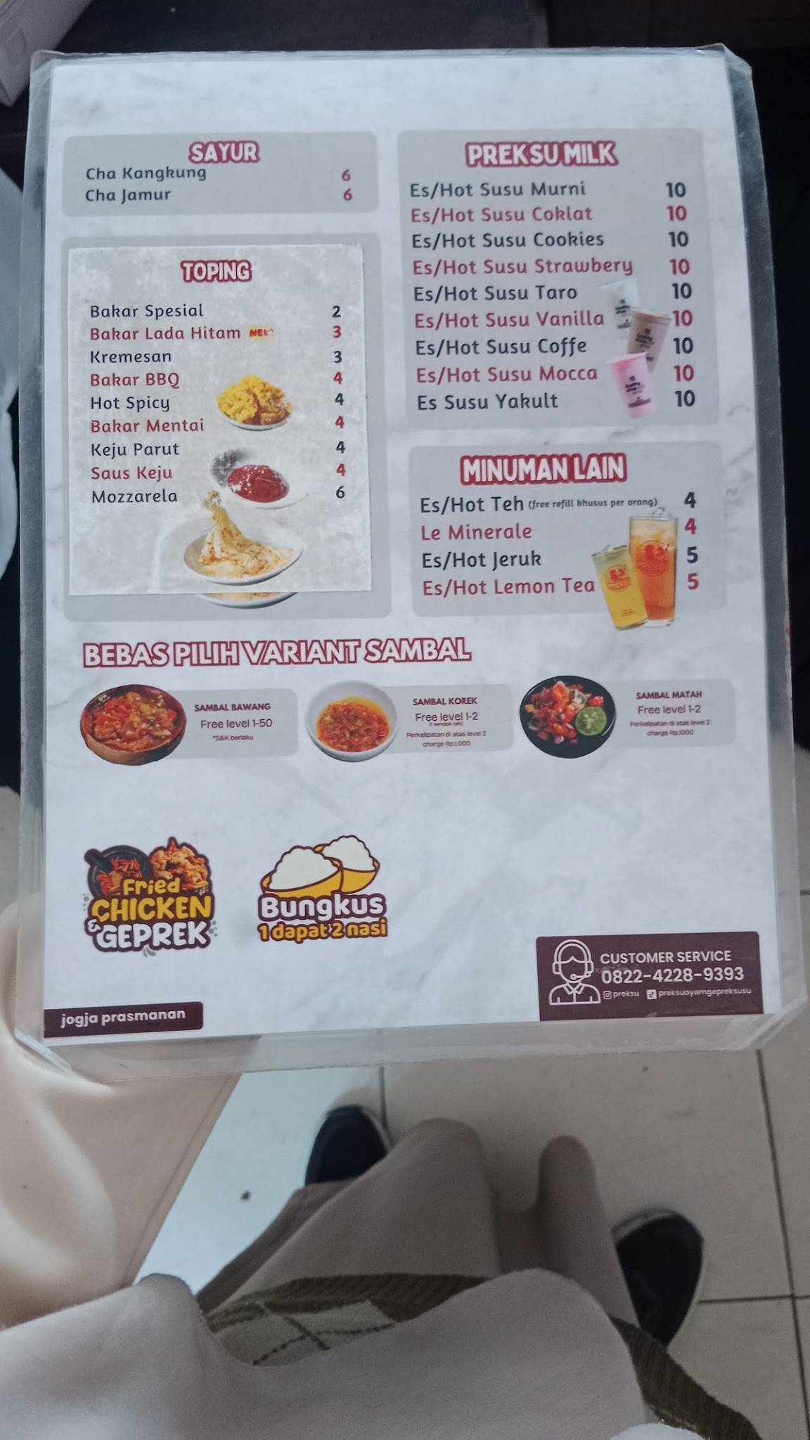 Carta del restaurante Ayam Geprek & Susu (Preksu) Godean, Banguntapan