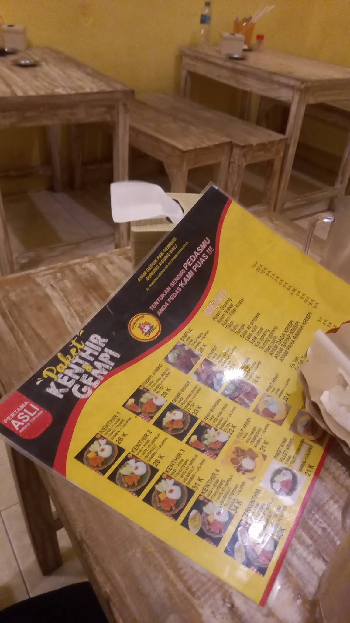 Menu at Ayam Gepuk Pak Gembus Gunung Agung restaurant, Denpasar