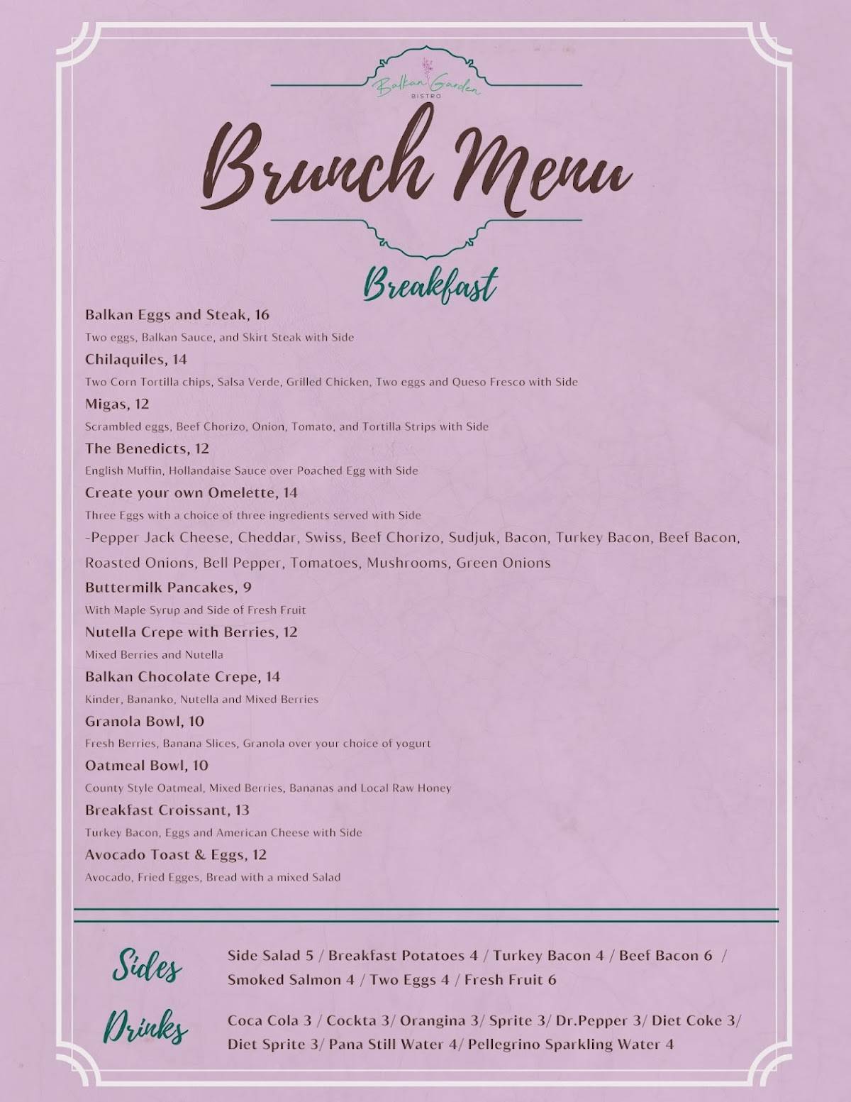 Menu at Balkan Garden Bistro restaurant, Grapevine
