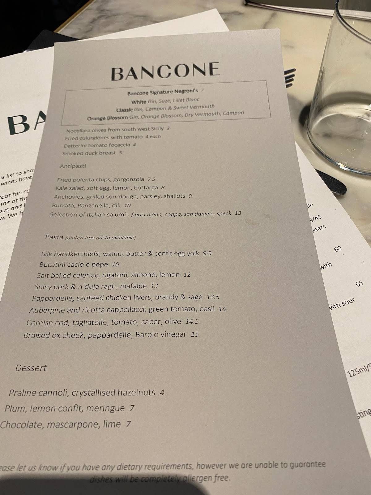 Carta del restaurante Bancone Golden Square, Londres, 8-10 Lower James St