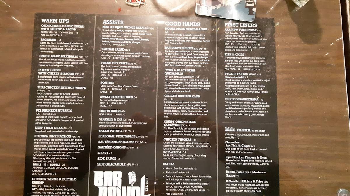 Menu at Bar Down, Kincardine