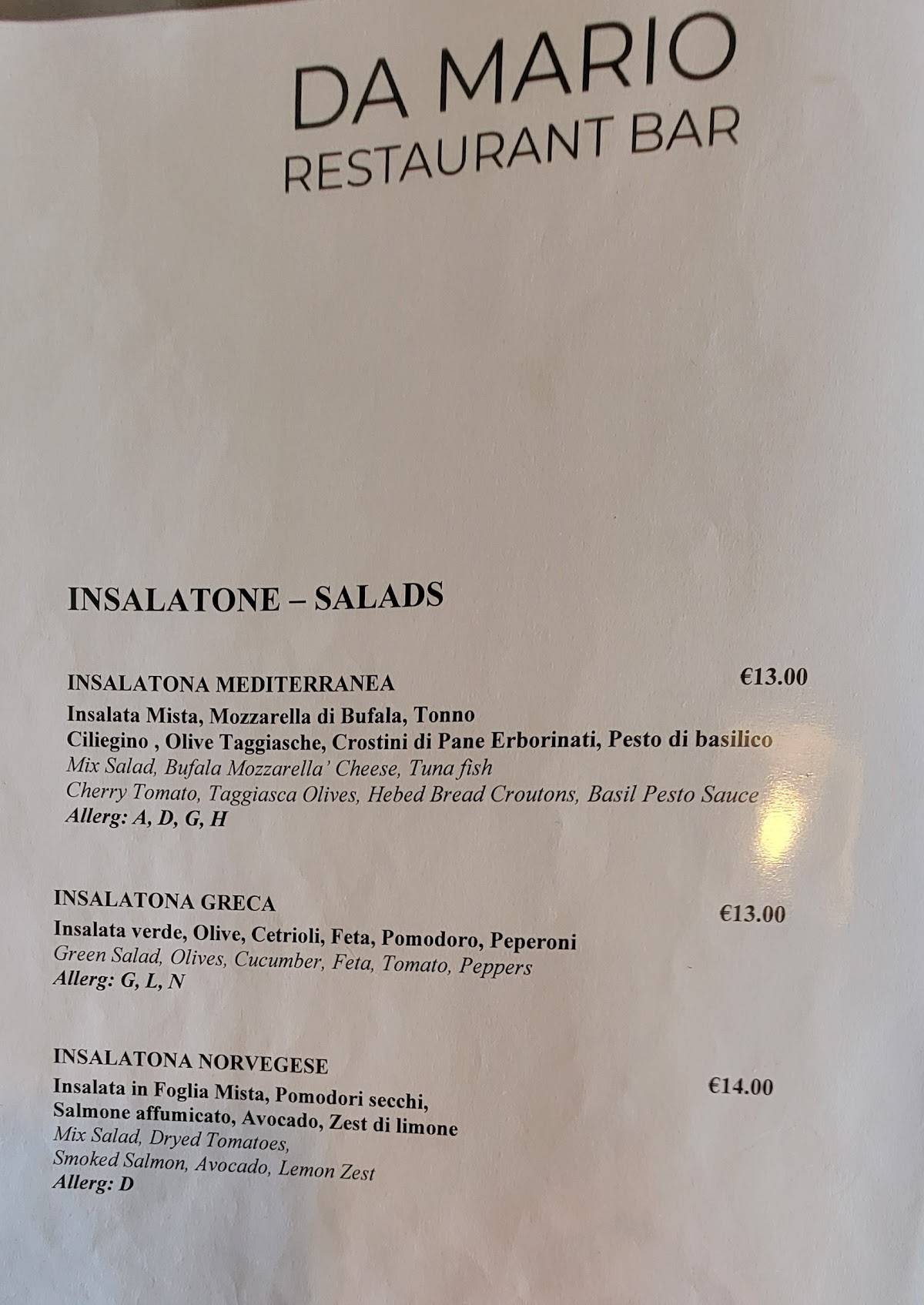 Menu at Bar Ristorante Da Mario, Venice, Via Triestina