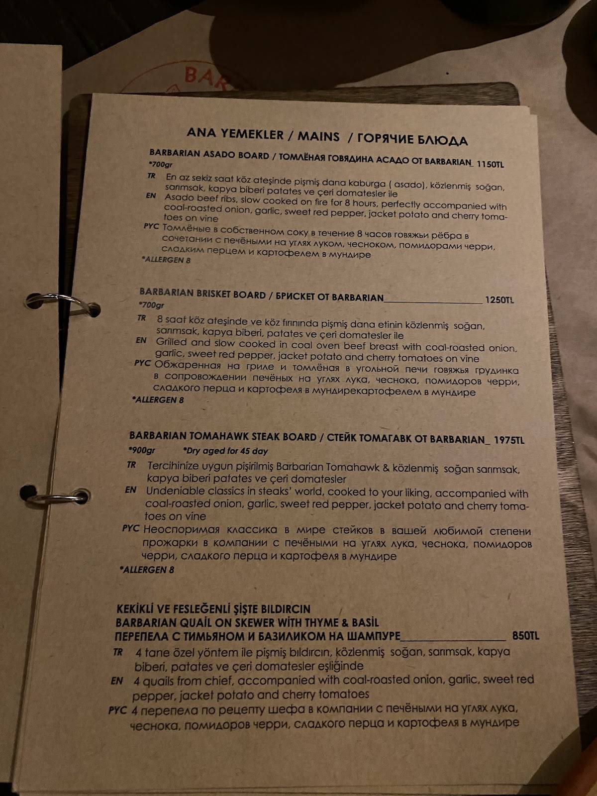 Menu at Barbarian Medieval Tavern, Ürgüp