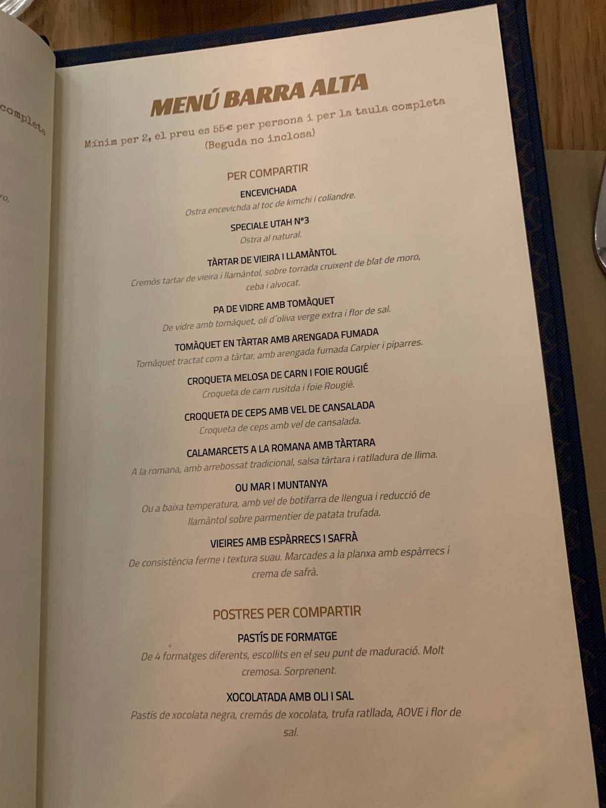 Carta de Restaurant Barra Alta Barcelona, Barcelona