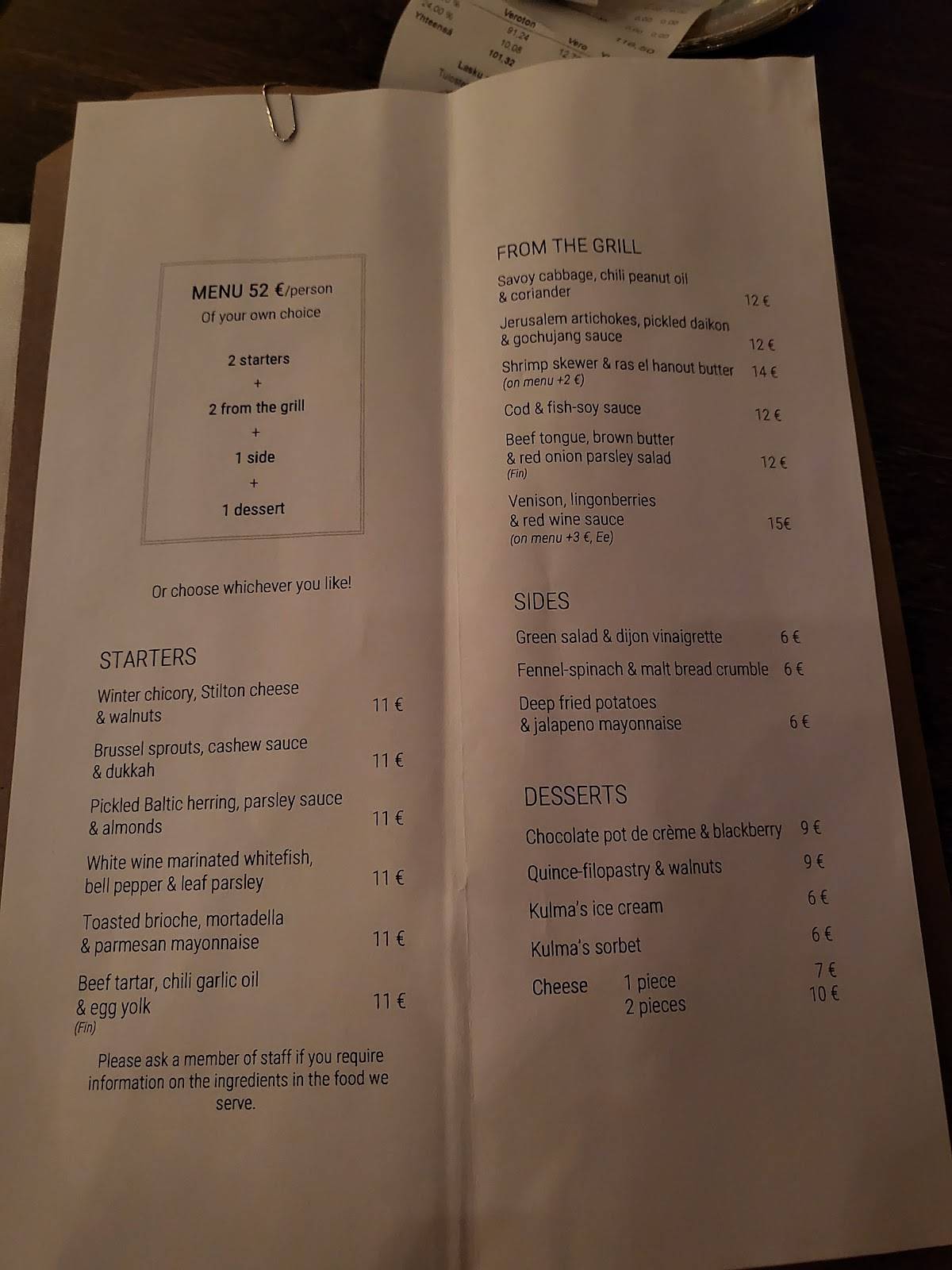 Menu at Restaurant BasBas Kulma, Helsinki