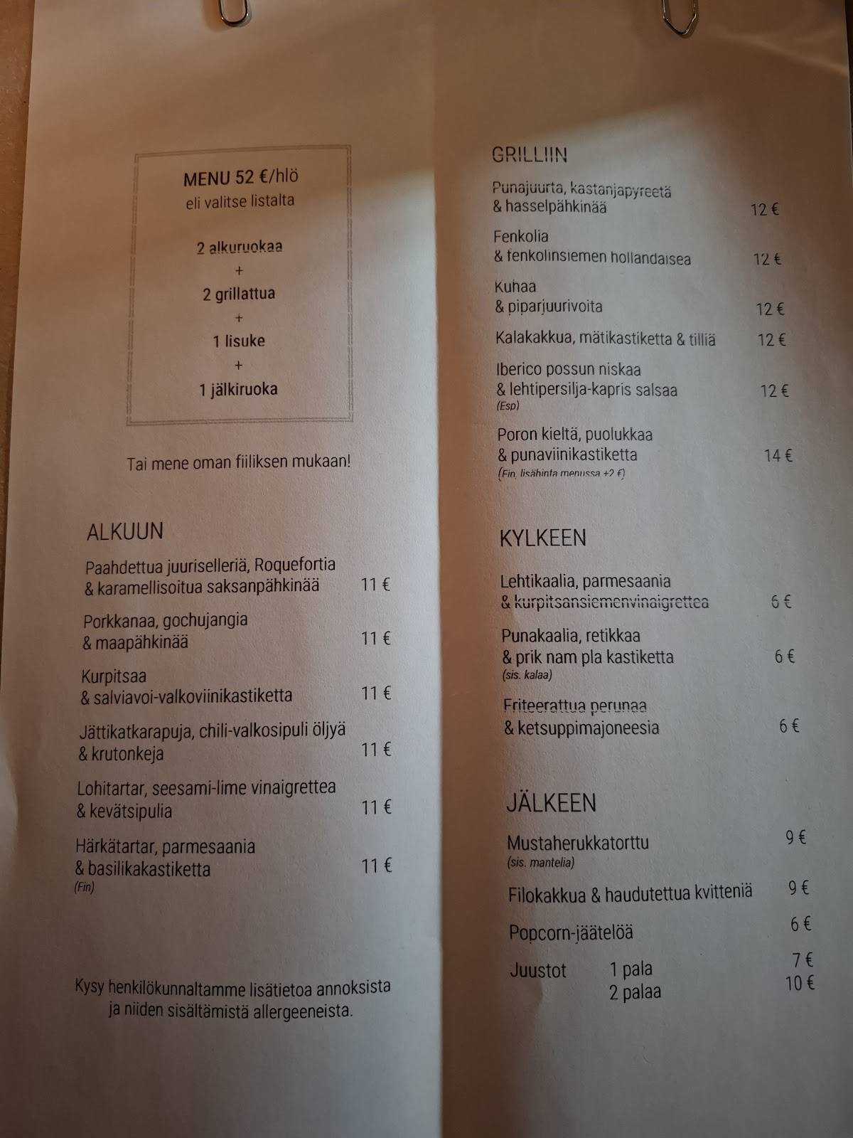 Menu at Restaurant BasBas Kulma, Helsinki