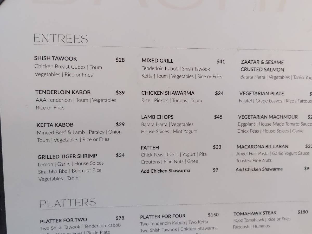 Menu at Basha Lebanese Restobar, London