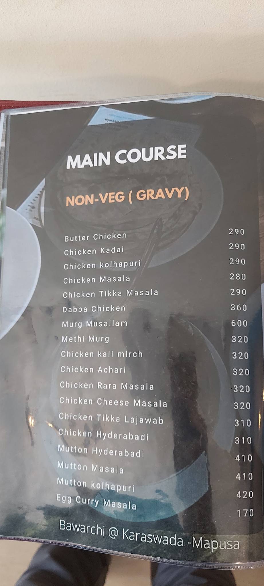 Menu at Bawarchi biryaniwala, Mapusa