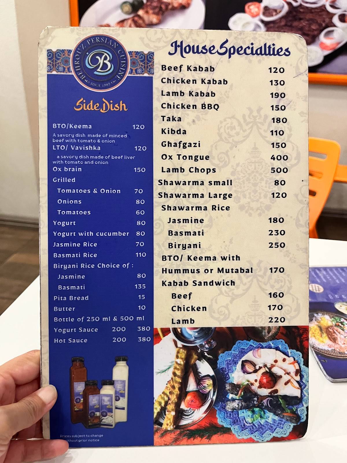 Menu at Behrouz Persian Cuisine restaurant, Quezon City, 50 Sct. Tobias St