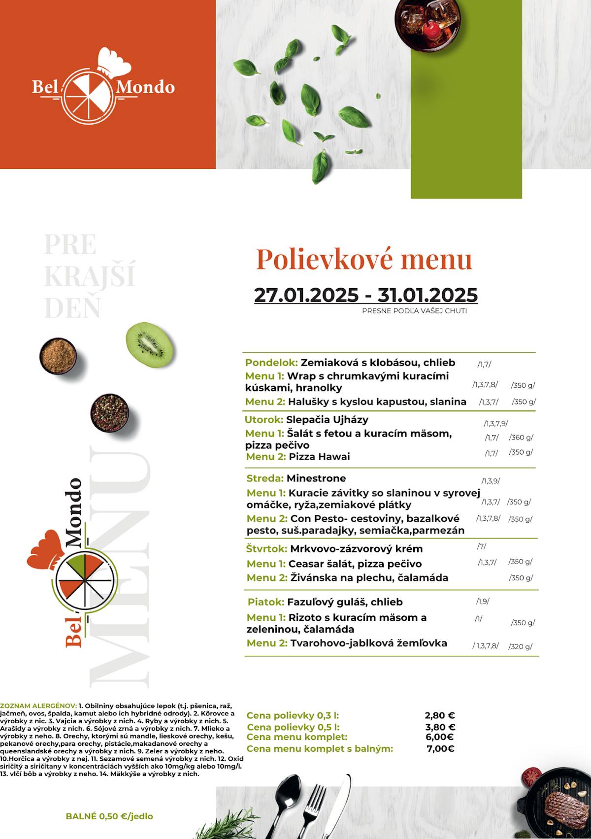 Menu at Bel Mondo, Rožňava
