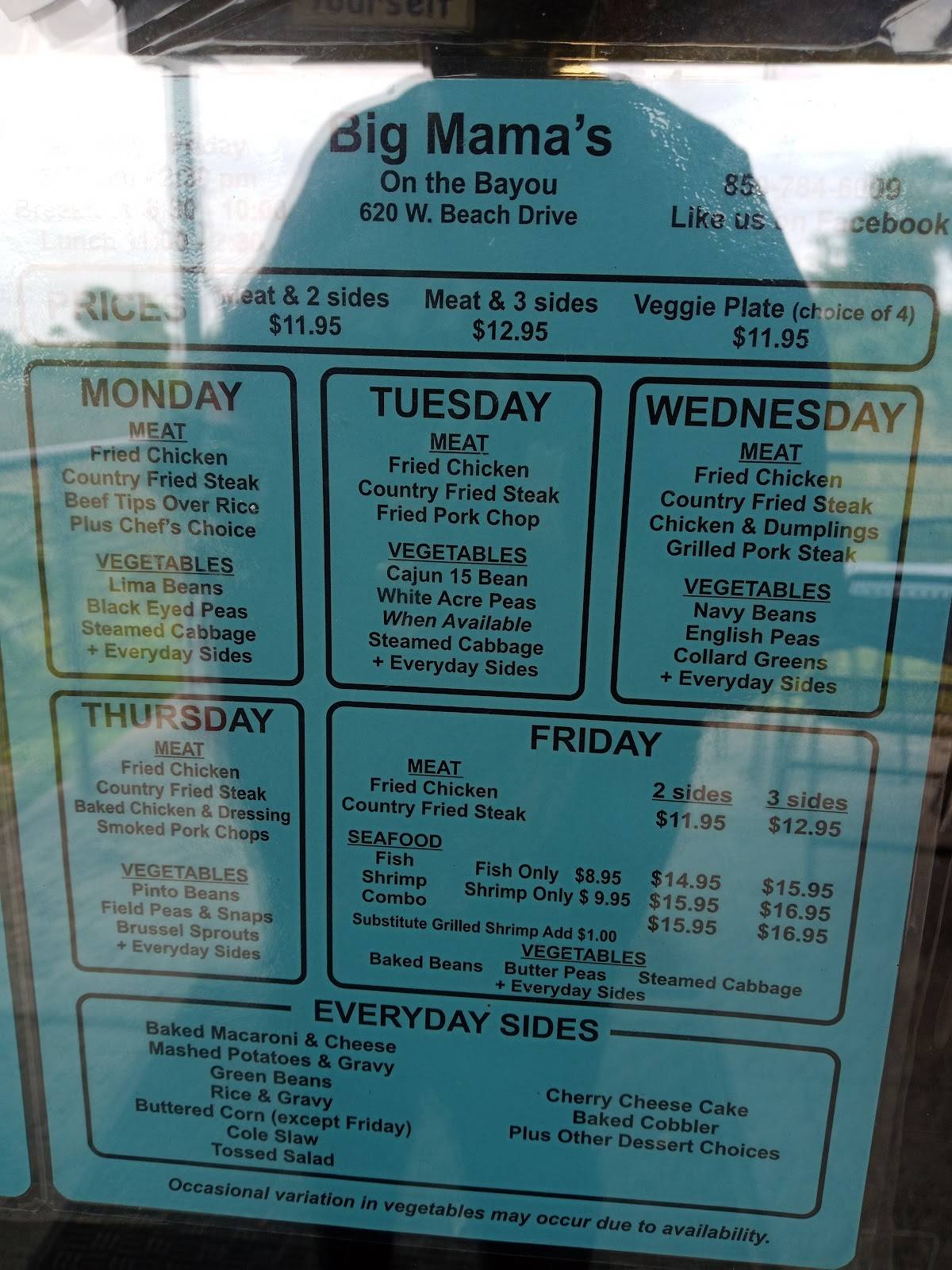 Menu at Big Mama's on the Bayou restaurant, Panama City, 620 W Beach Dr
