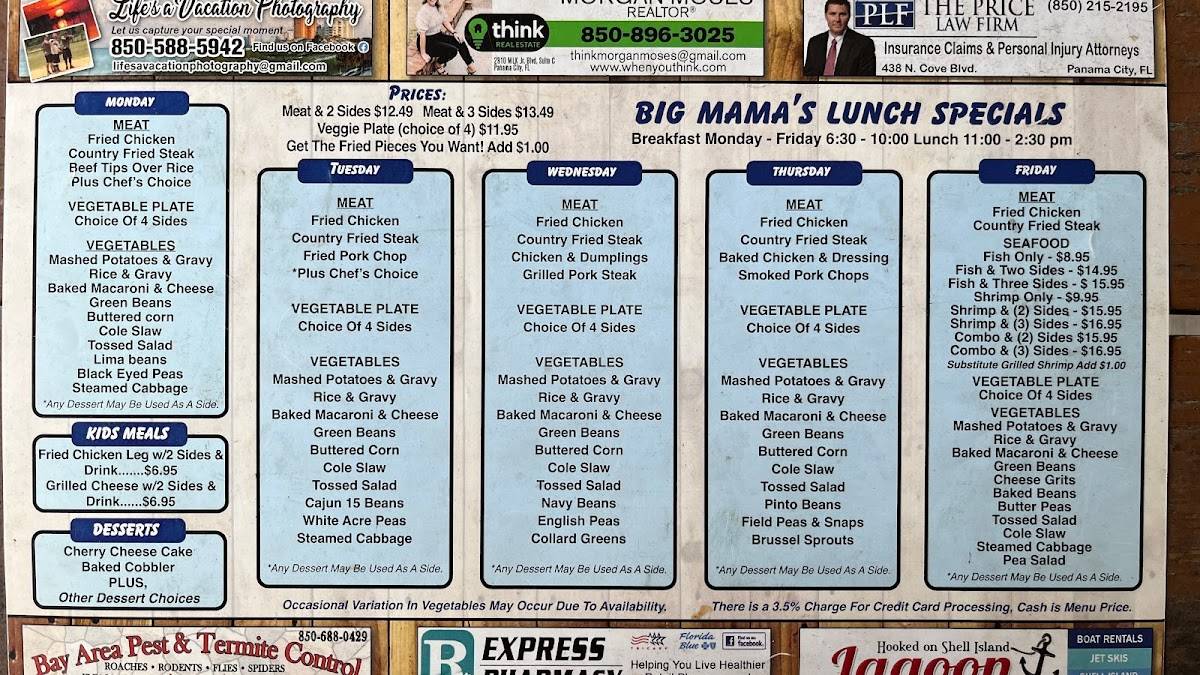 Menu at Big Mama's on the Bayou restaurant, Panama City, 620 W Beach Dr