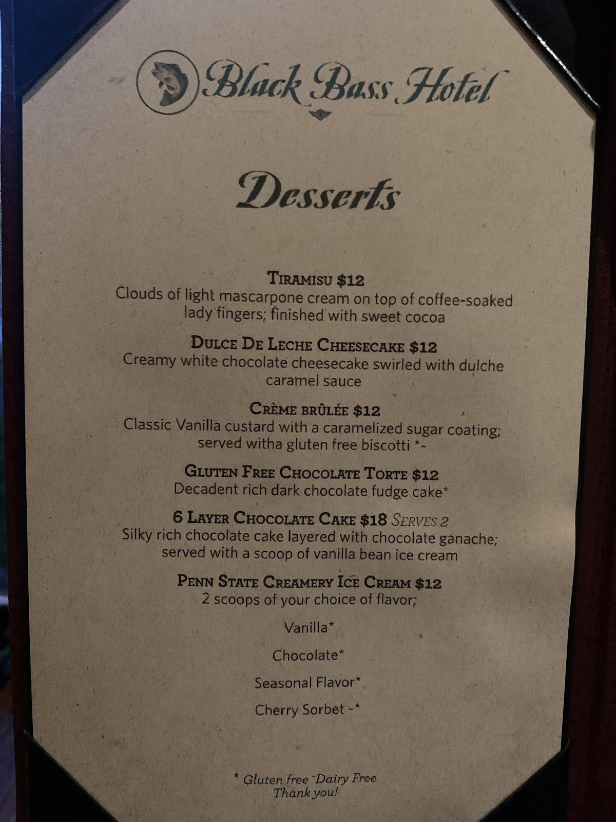 Menu at Black Bass Hotel restaurant, Lumberville