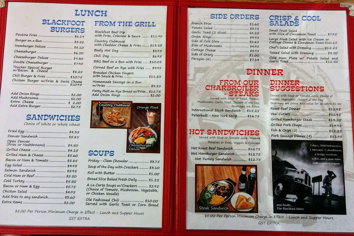 Menu at Blackfoot Truckstop Diner restaurant, Calgary