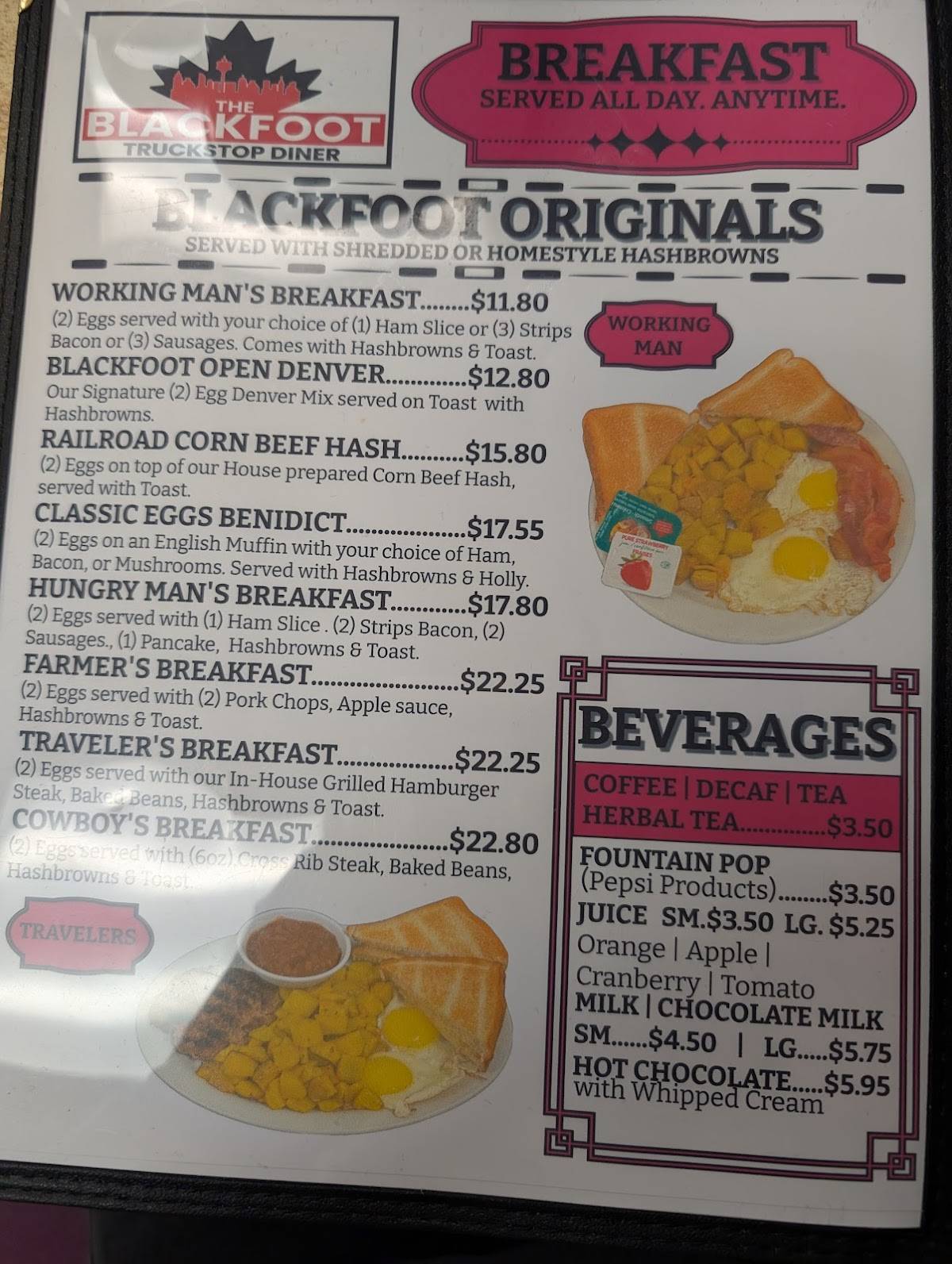 Menu at Blackfoot Truckstop Diner restaurant, Calgary