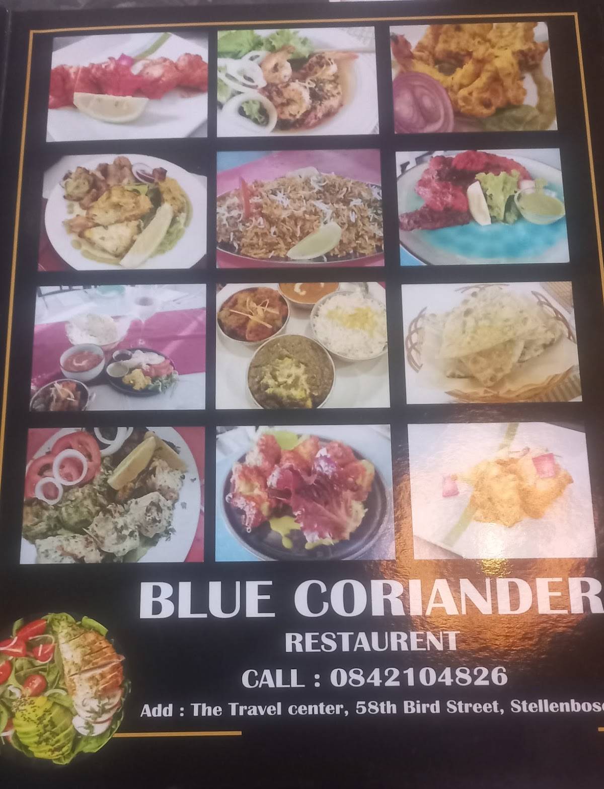 Menu at Blue Coriander restaurant, Stellenbosch