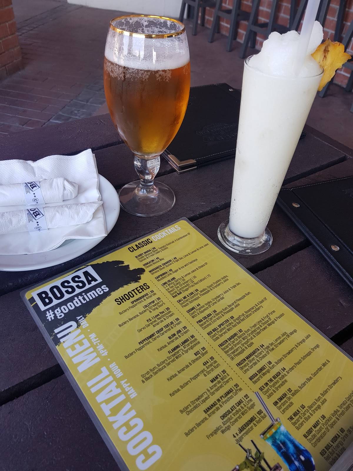 Menu at Bossa Soneike restaurant, Cape Town
