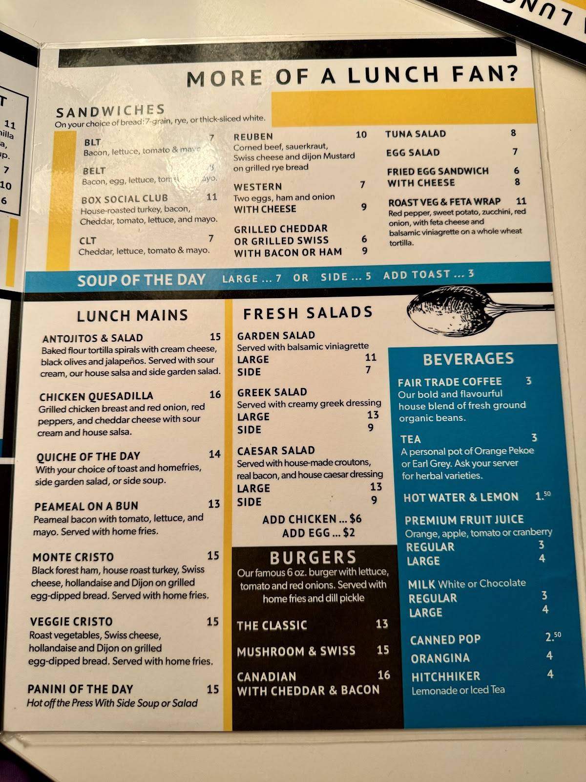 Menu at Box Social restaurant, Elora