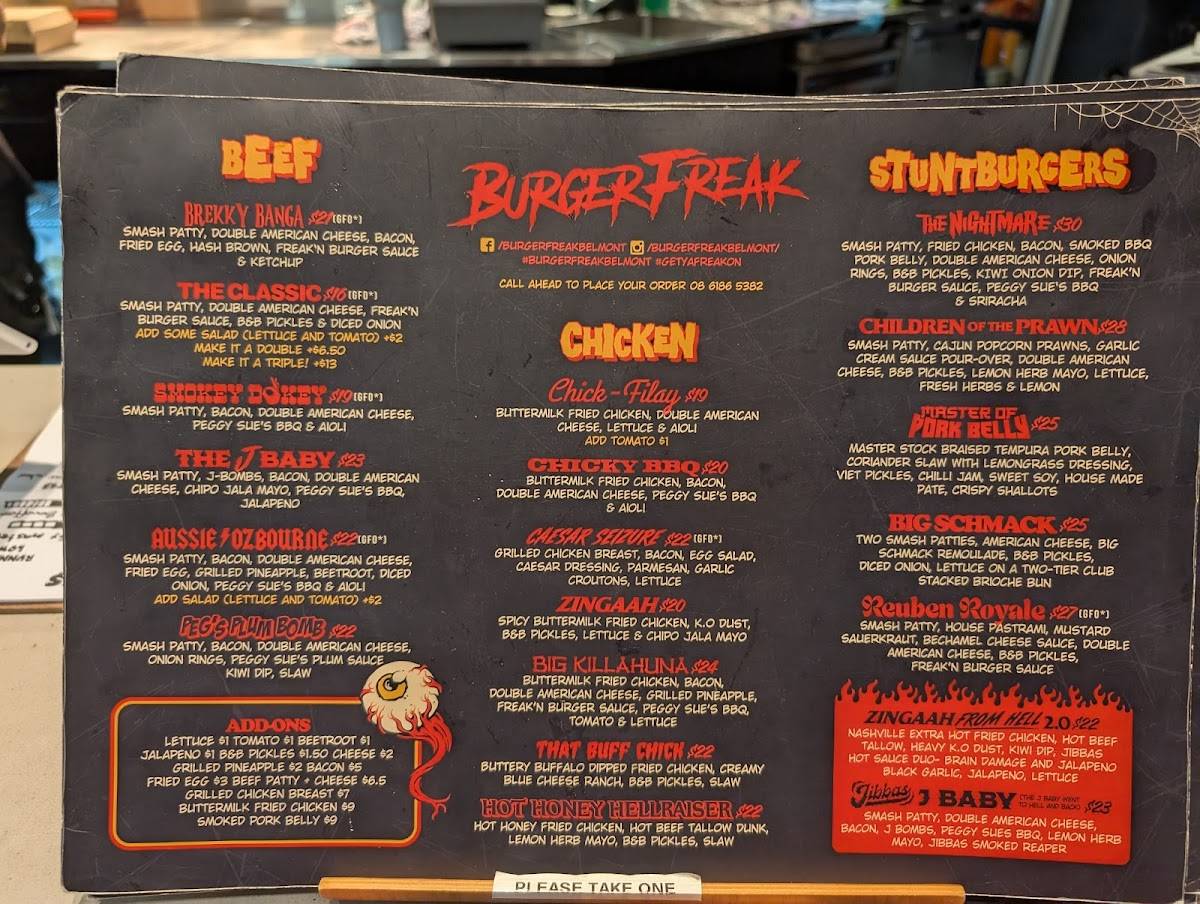Menu at BurgerFreak Belmont restaurant, Belmont