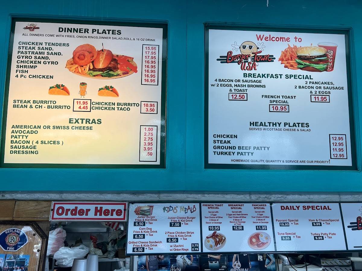 Menu at Burgertown USA restaurant, Redlands, 222 E Redlands Blvd