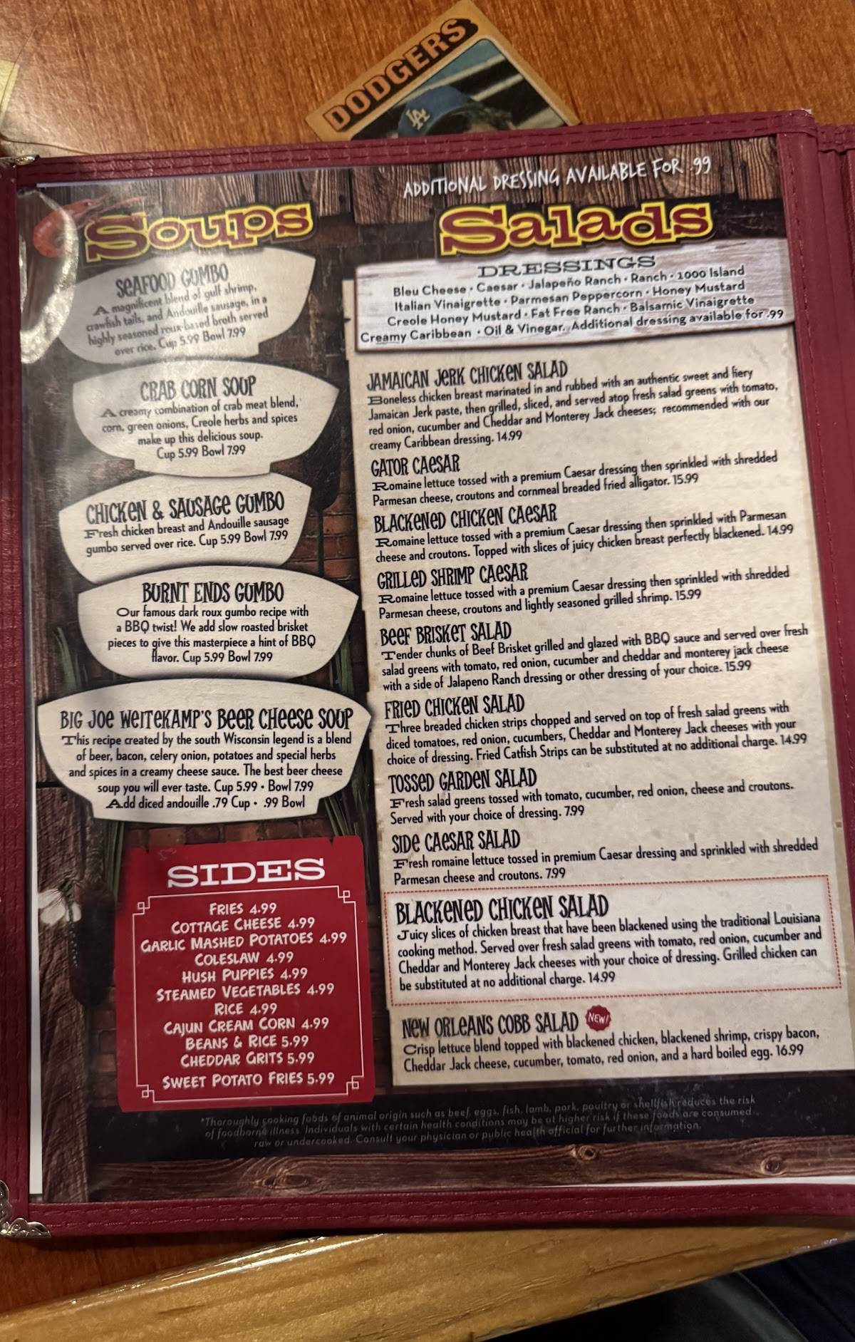Menu at Buzzard Billy’s restaurant, Des Moines, 615 3rd St