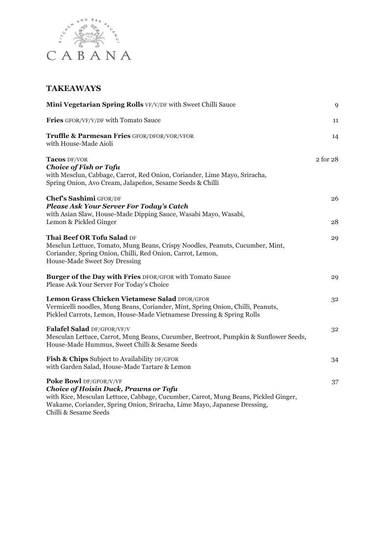 Menu at Cabana Kitchen and Bar, Pauanui