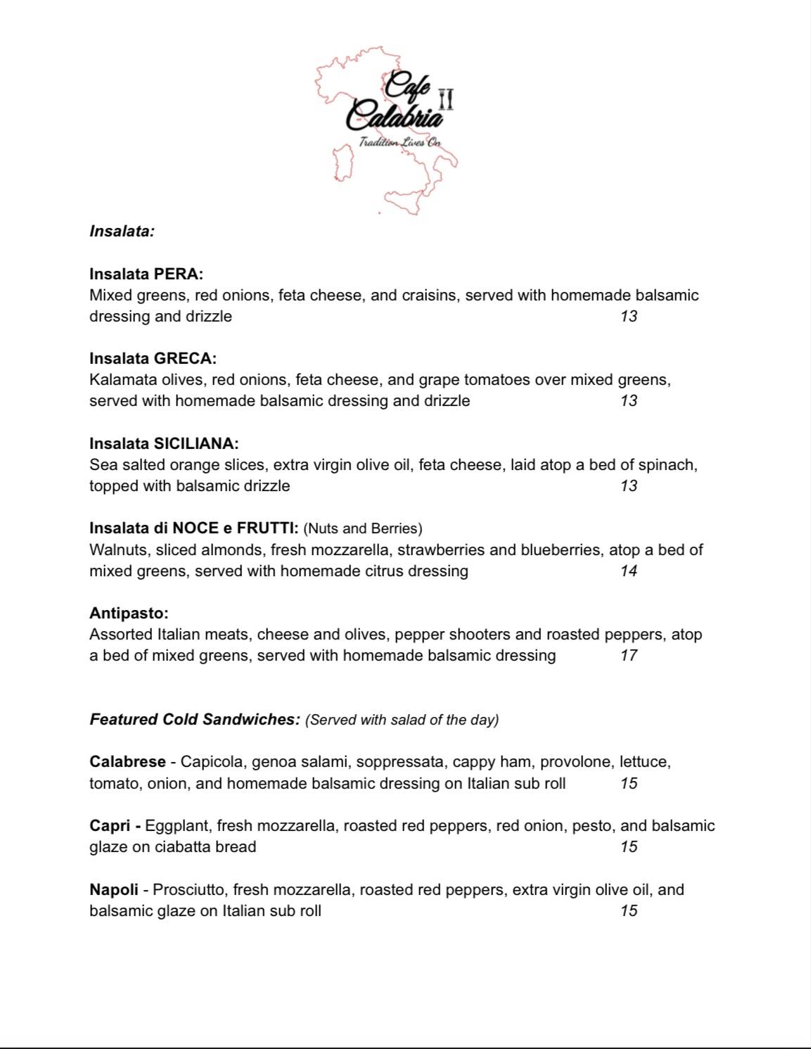 Menu at Cafe Calabria II, Albany