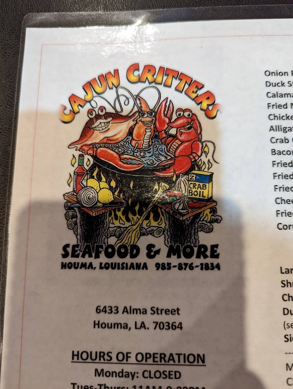 Menu at Cajun Critters restaurant, Houma, Alma St