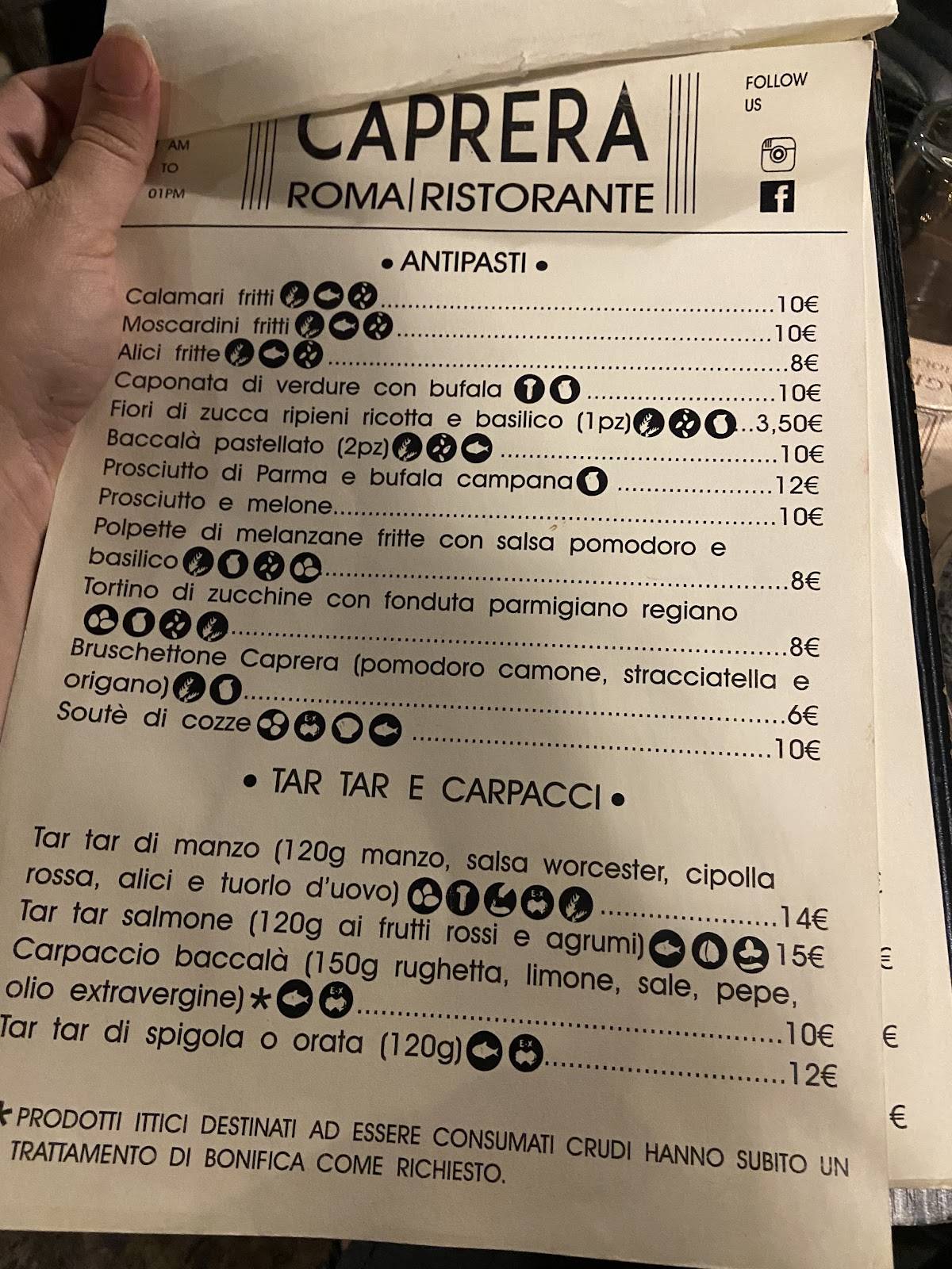 Menu da Caprera ristorante, Roma