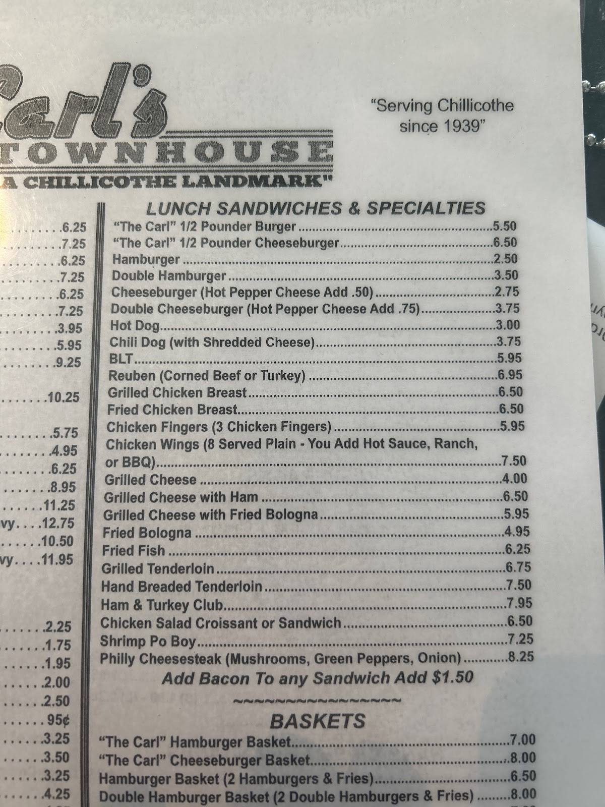 Menu at Carl's Townhouse restaurant, Chillicothe