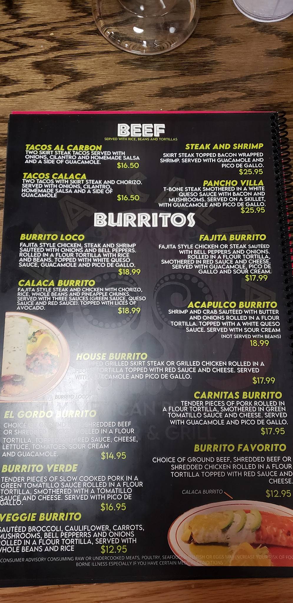 Menu at Casa Calaca restaurant, Salida