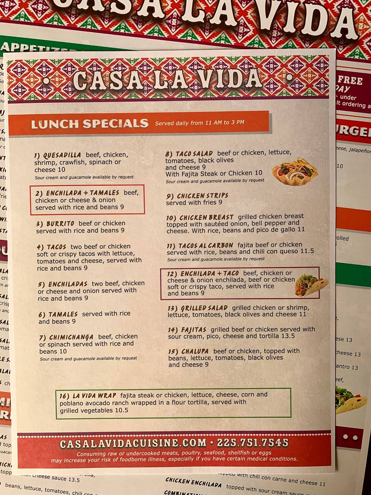 Menu at Casa La Vida restaurant, Baton Rouge