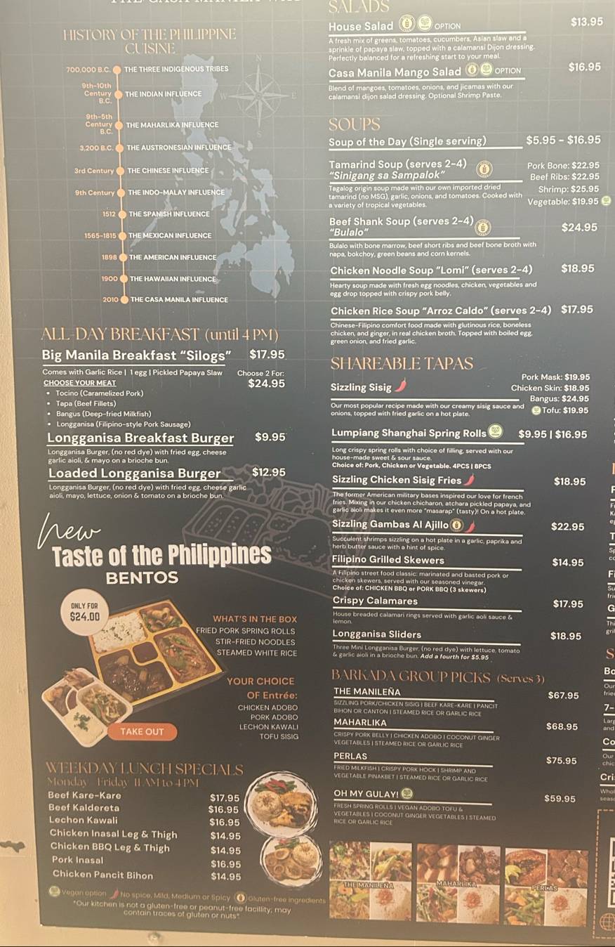 Menu au Casa Manila restaurant, Toronto, 879 York Mills Rd Unit #1